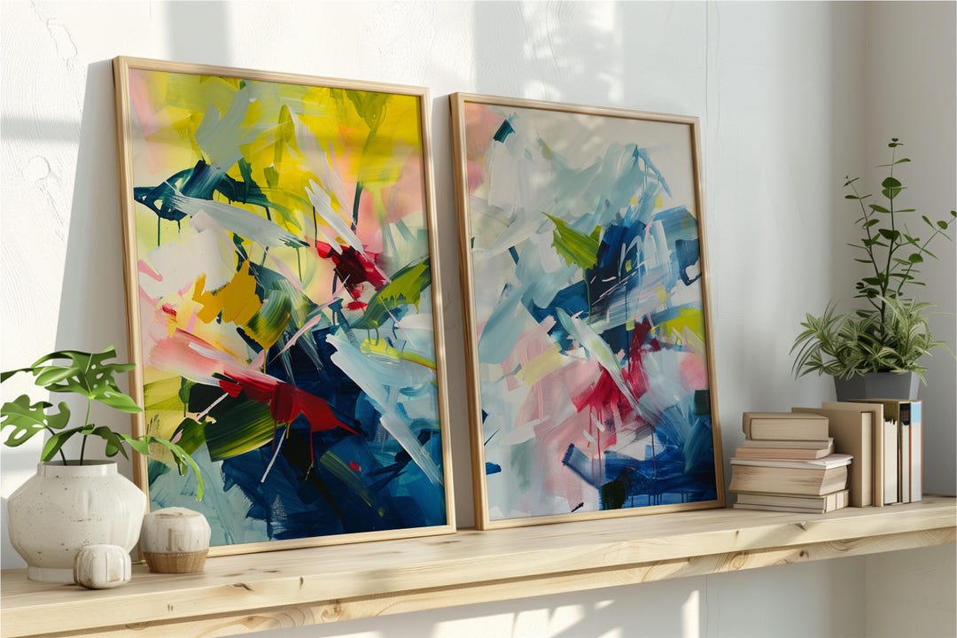 Set of 2 Vibrant Abstract Digital Art Prints | Colorful Modern Wall Art ...