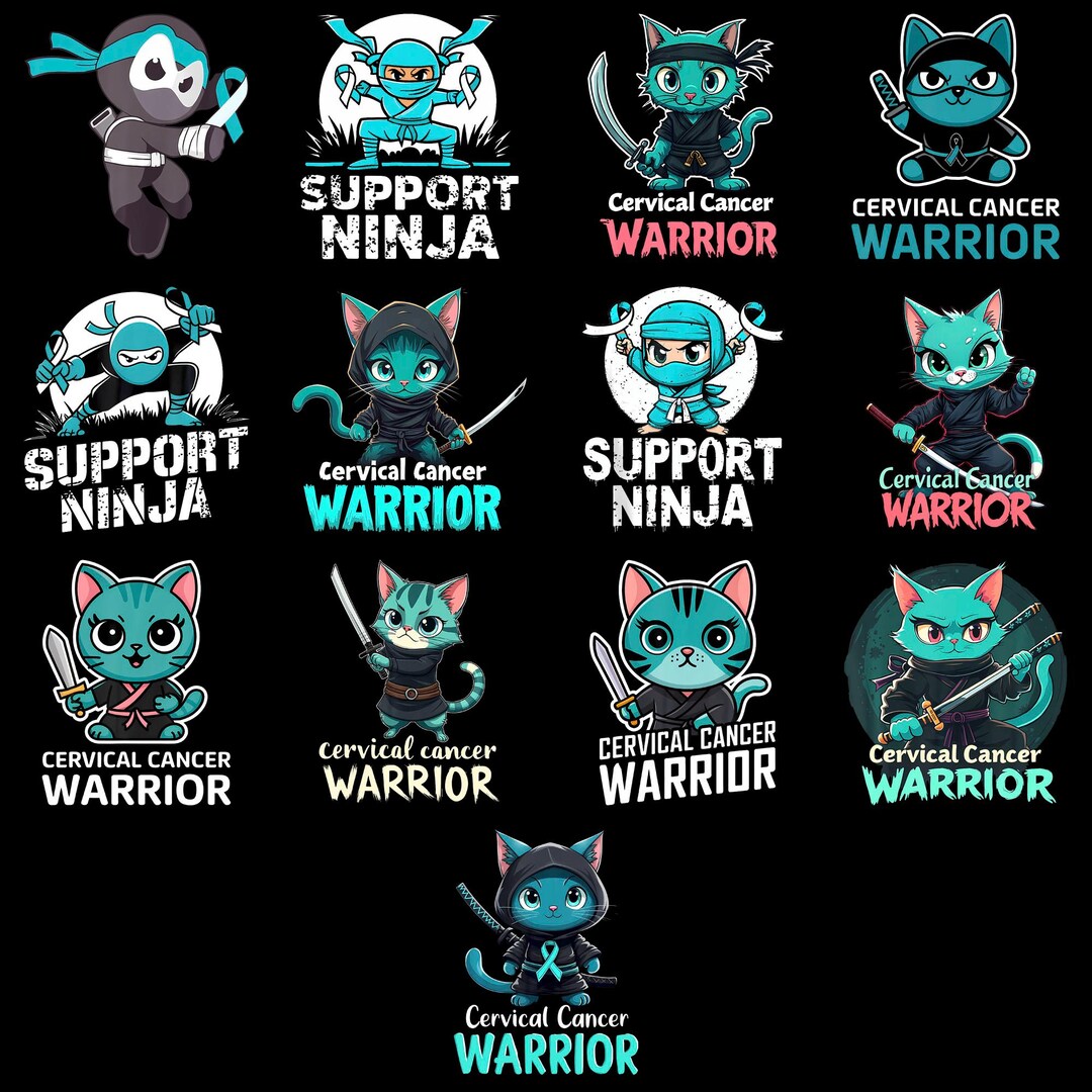 Ninja Cat Fight Proud Cervical Cancer Warrior PNG, Teal Ribbon ...