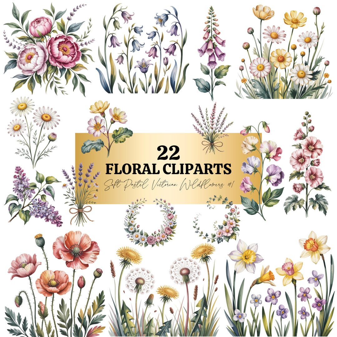 22 Soft Pastel Victorian Wildflowers Clipart #1 | Watercolor Vintage ...