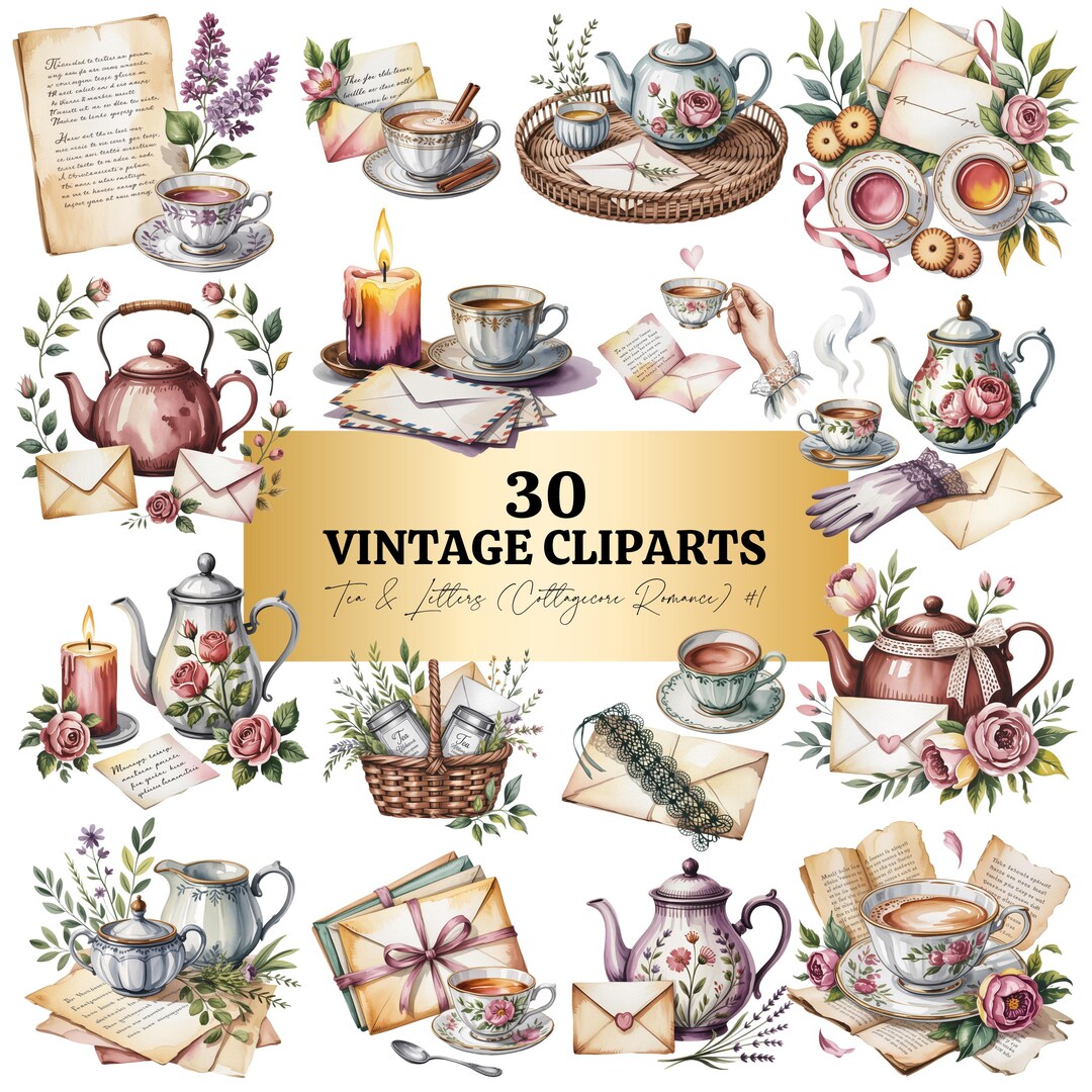 30 Vintage Tea & Letters Clipart #1 | Vintagecore Jpgs (digital ...