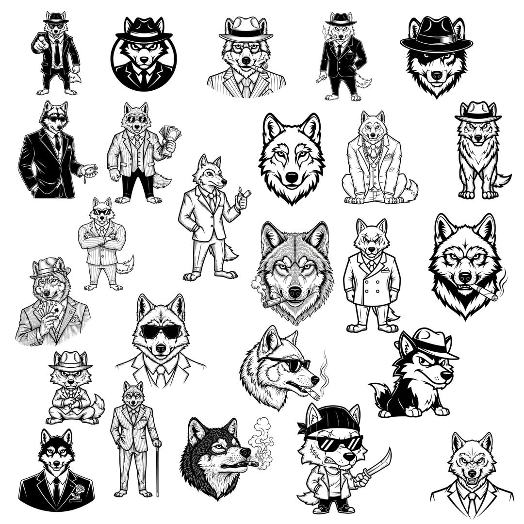 Gangster Wolf PNG Bundle, Mafia Wolf Clipart, 25 Wolf Logo PNG, Vintage ...