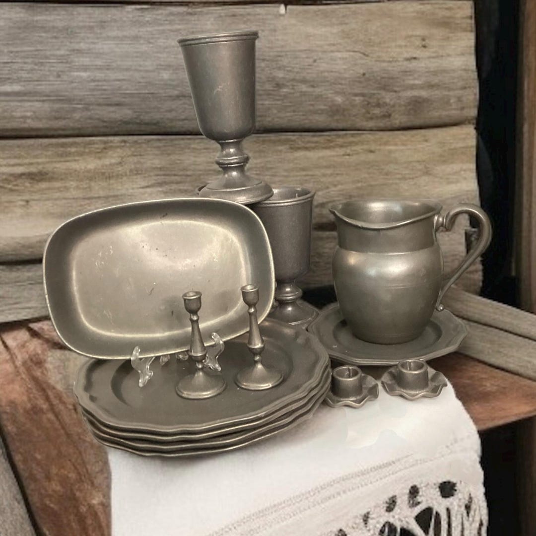Vintage Pewter Dinnerware - Plates, Stemmed Mugs, Pitcher, Tray ...