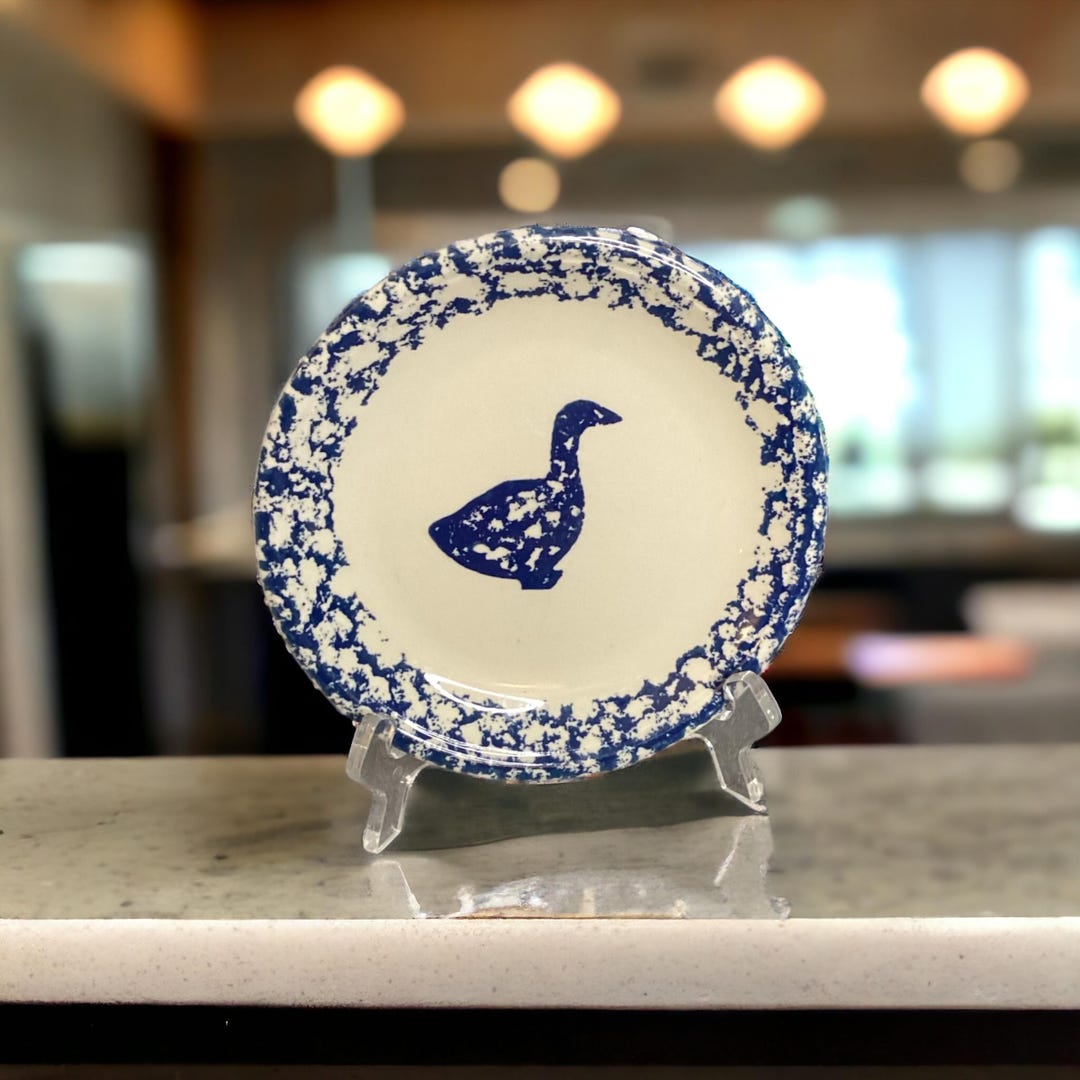 Tienshan Folk Craft Sponge Blue Animals Goose Blue Rim White, Salad ...