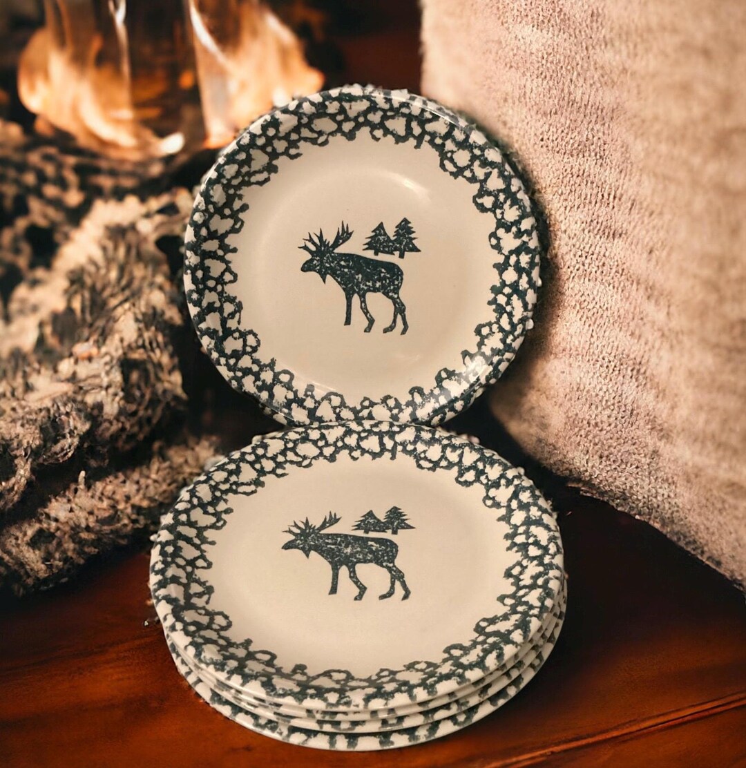 Folk Craft Moose Country Dinner Plates, by Tienshan, Wildlife Moose ...