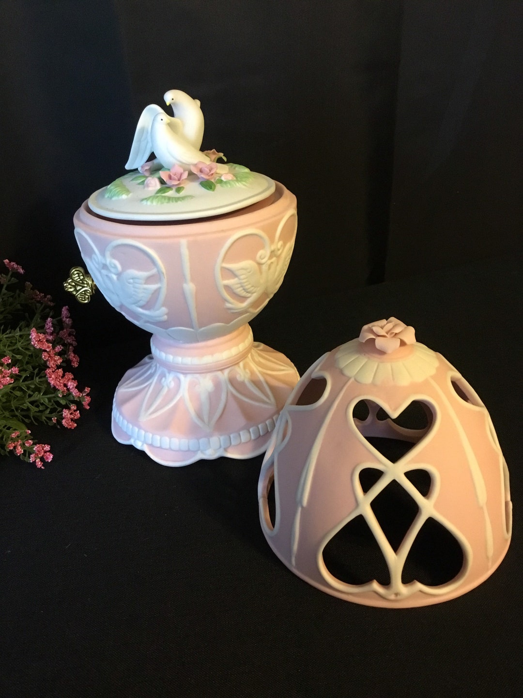 Porcelain Music Box Easter Egg and Doves, Avon Collectible, Pink Bisque ...