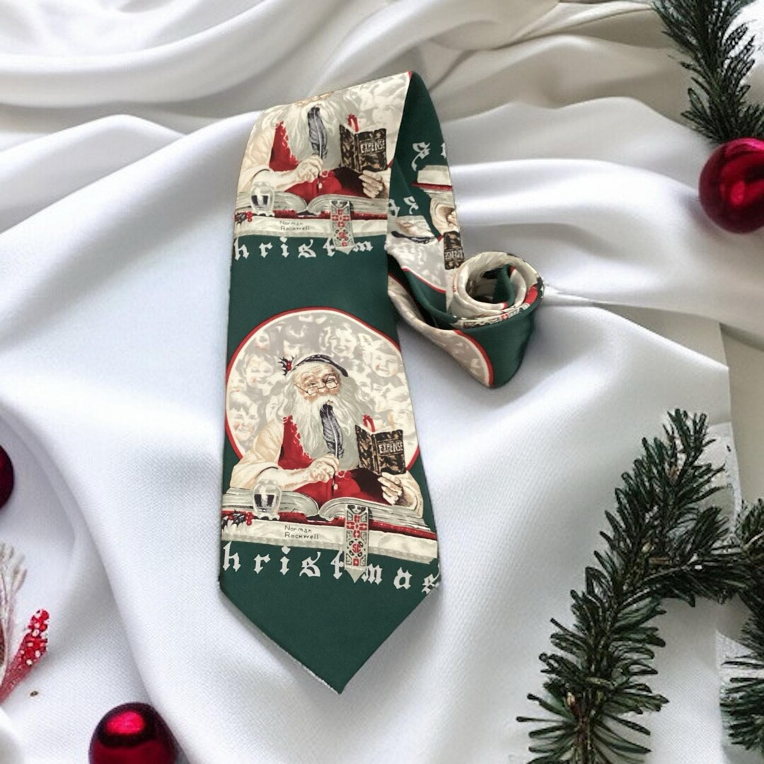 Vintage Norman Rockwell Mens Christmas Necktie Tie Saint Nicholas Green ...