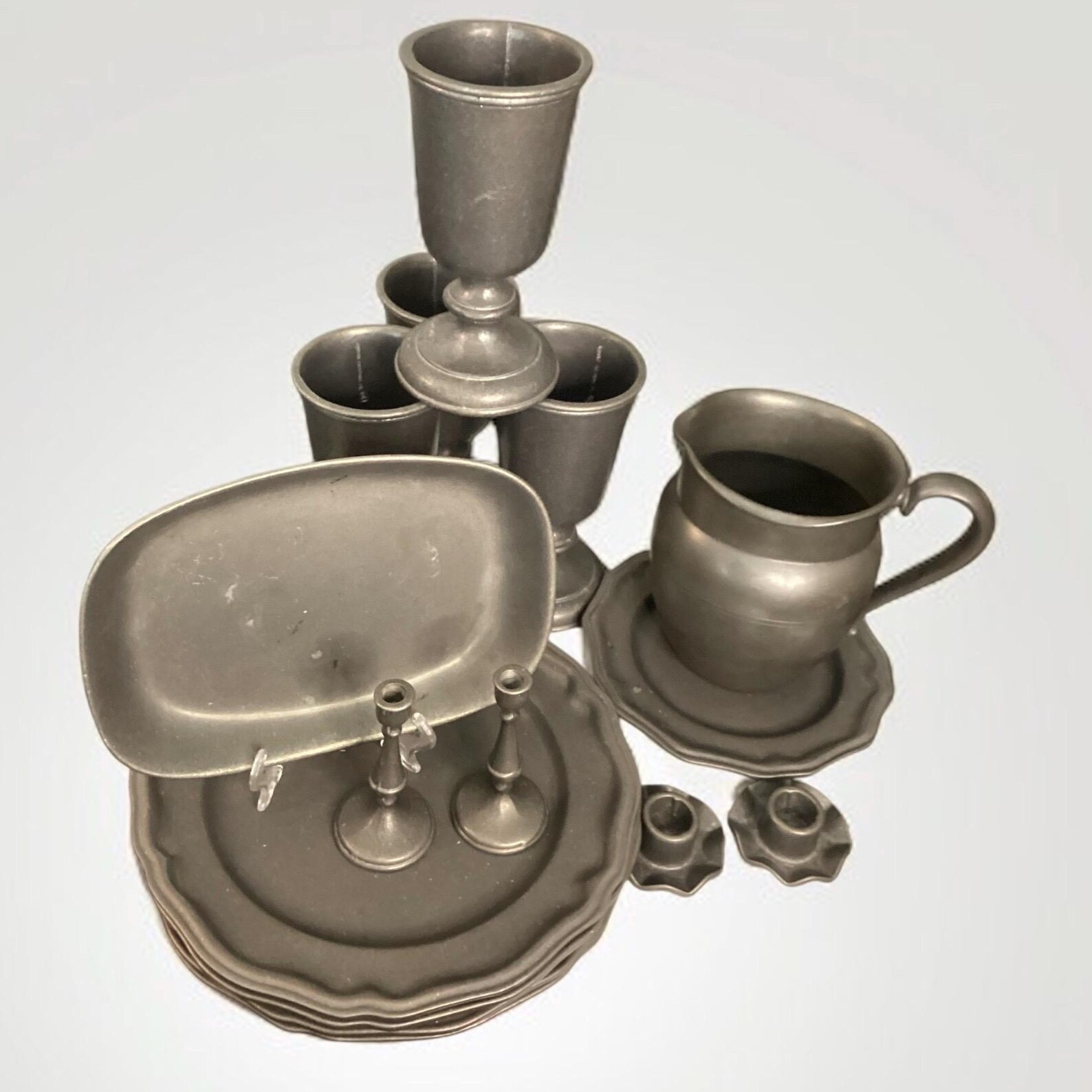 Vintage Pewter Dinnerware - Plates, Stemmed Mugs, Pitcher, Tray ...