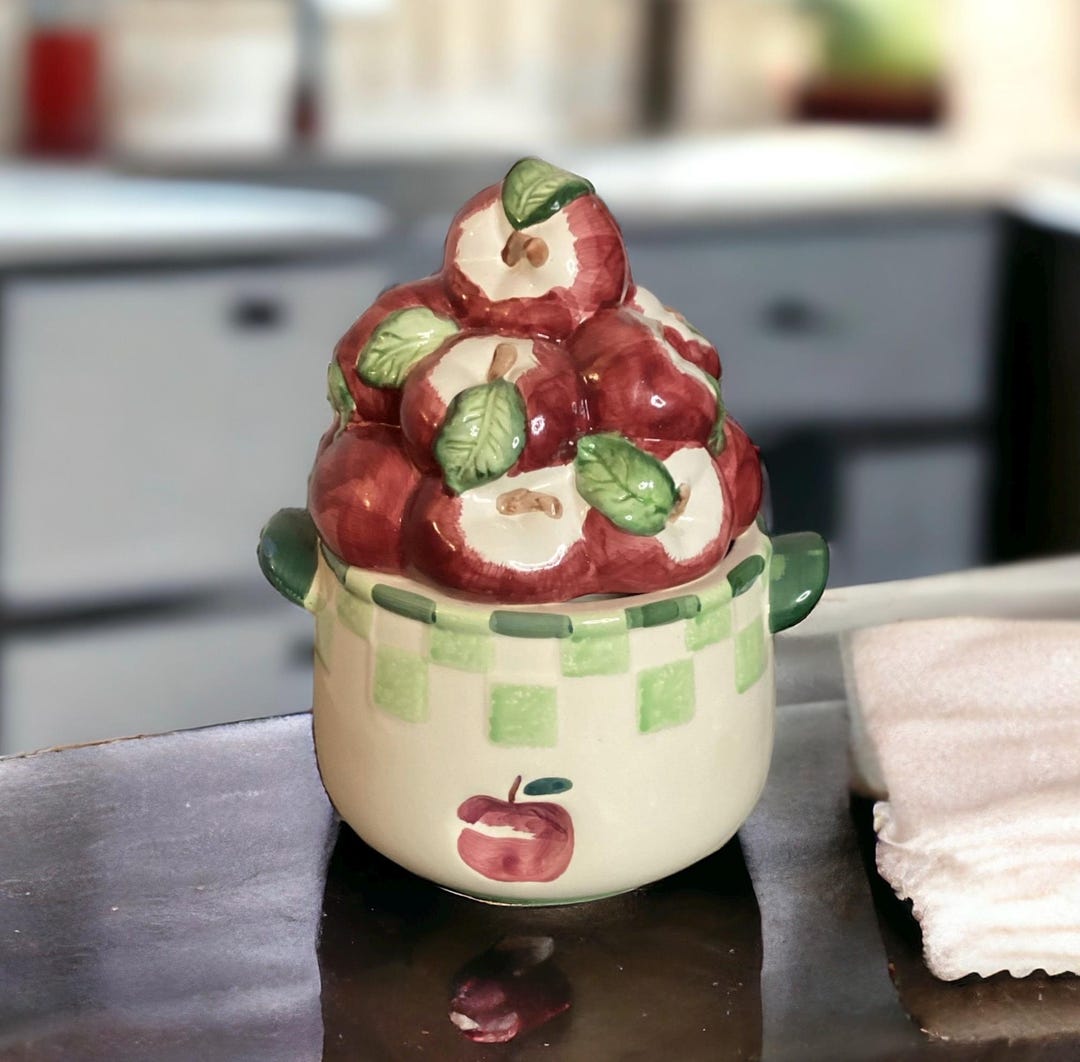 Vintage Ceramic Red Apple Basket Cookie Jar Canister, Farmers Bushel ...