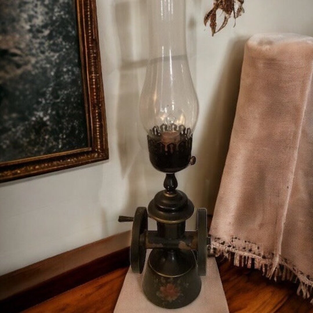 Coffee Grinder Lamp With Glass Chimney Shade, Vintage Reproduction ...