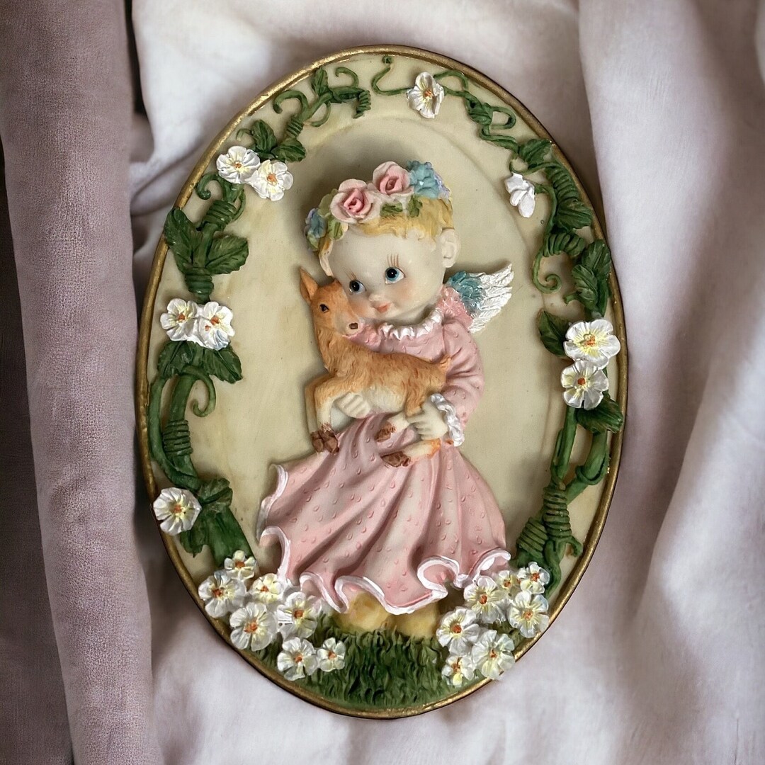 Vintage Porcelain Girl Angel With Fawn Oval Wall Hanging With Stand ...