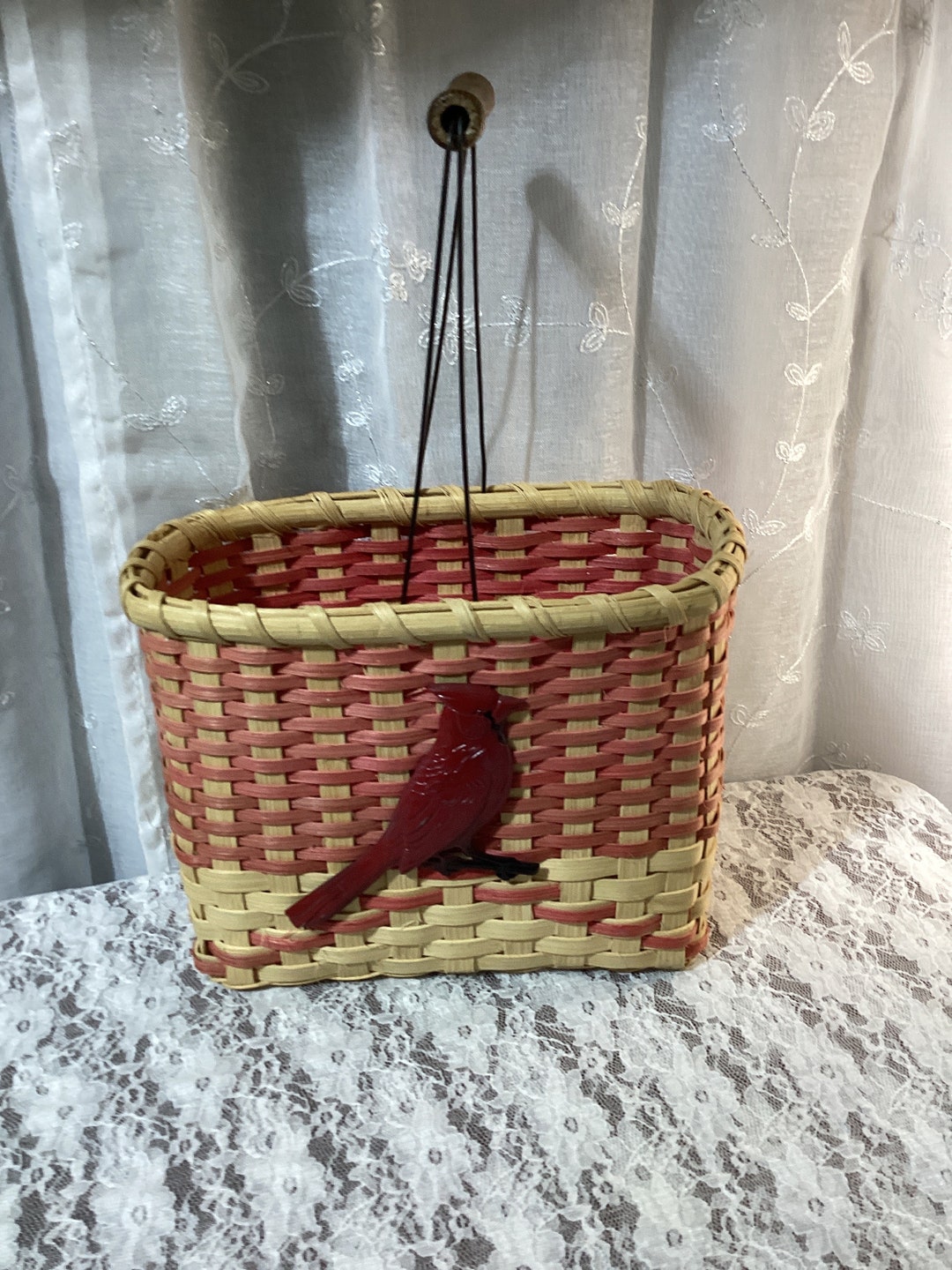 Vintage Basket Woven Red Wicker Door Basket Metal Handle Wood Grip, Red ...