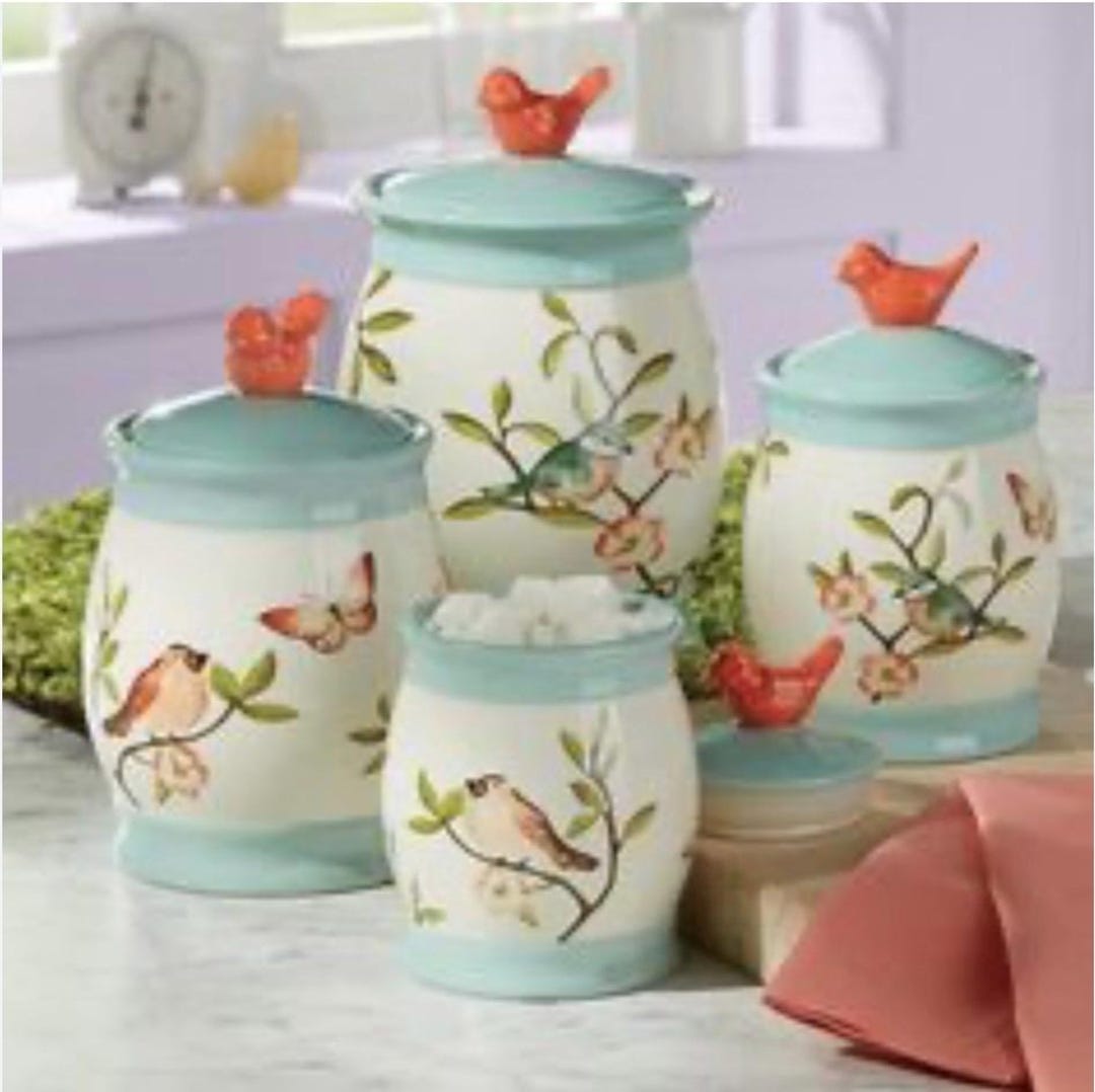 Vintage Springtime Birds and Butterflies Ceramic Canister Set, Delicate ...