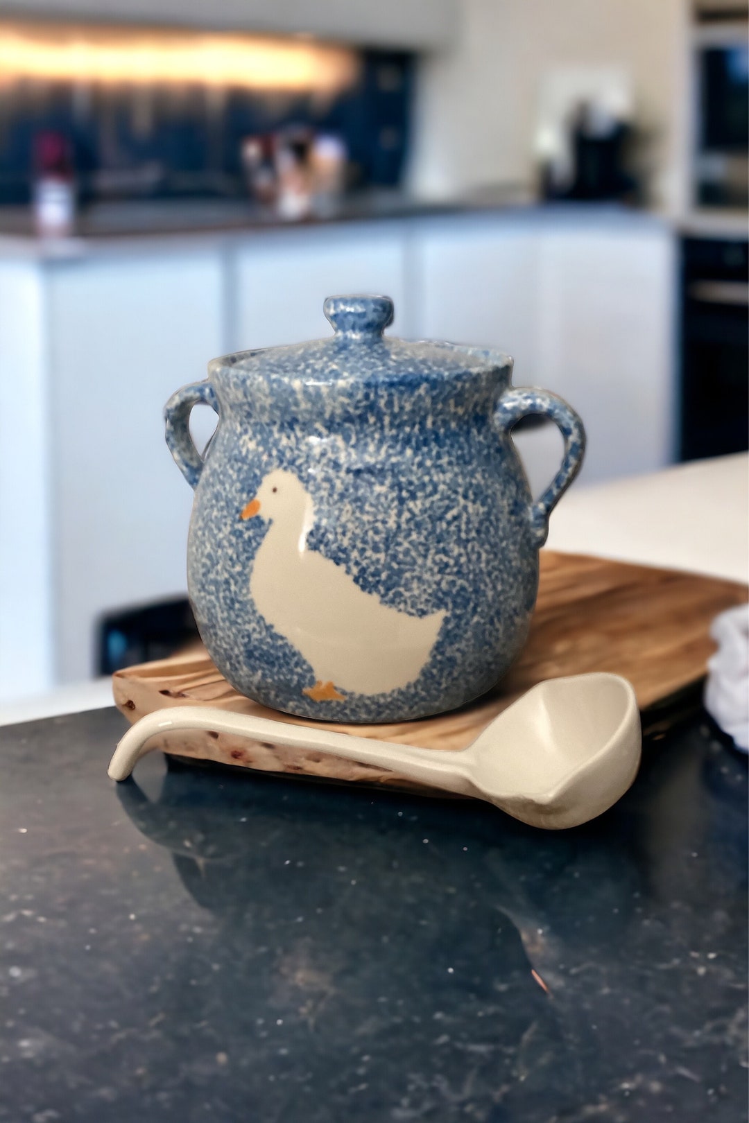 Oversized Soup Tureen With Ladle, N. S. Gustin Pottery Spongeware Blue ...