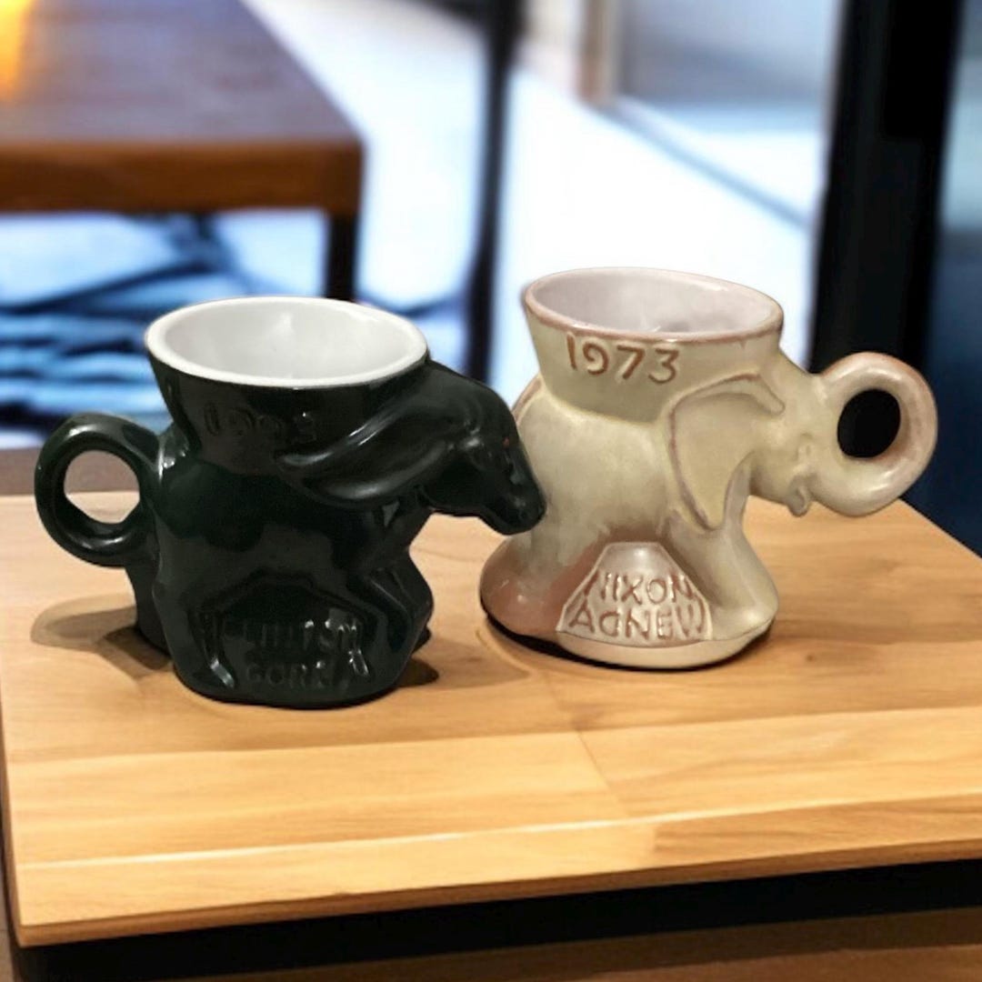 Vintage Frankoma Campaign Mugs, 1973 Nixon Tan Elephant Mug or 1993 ...