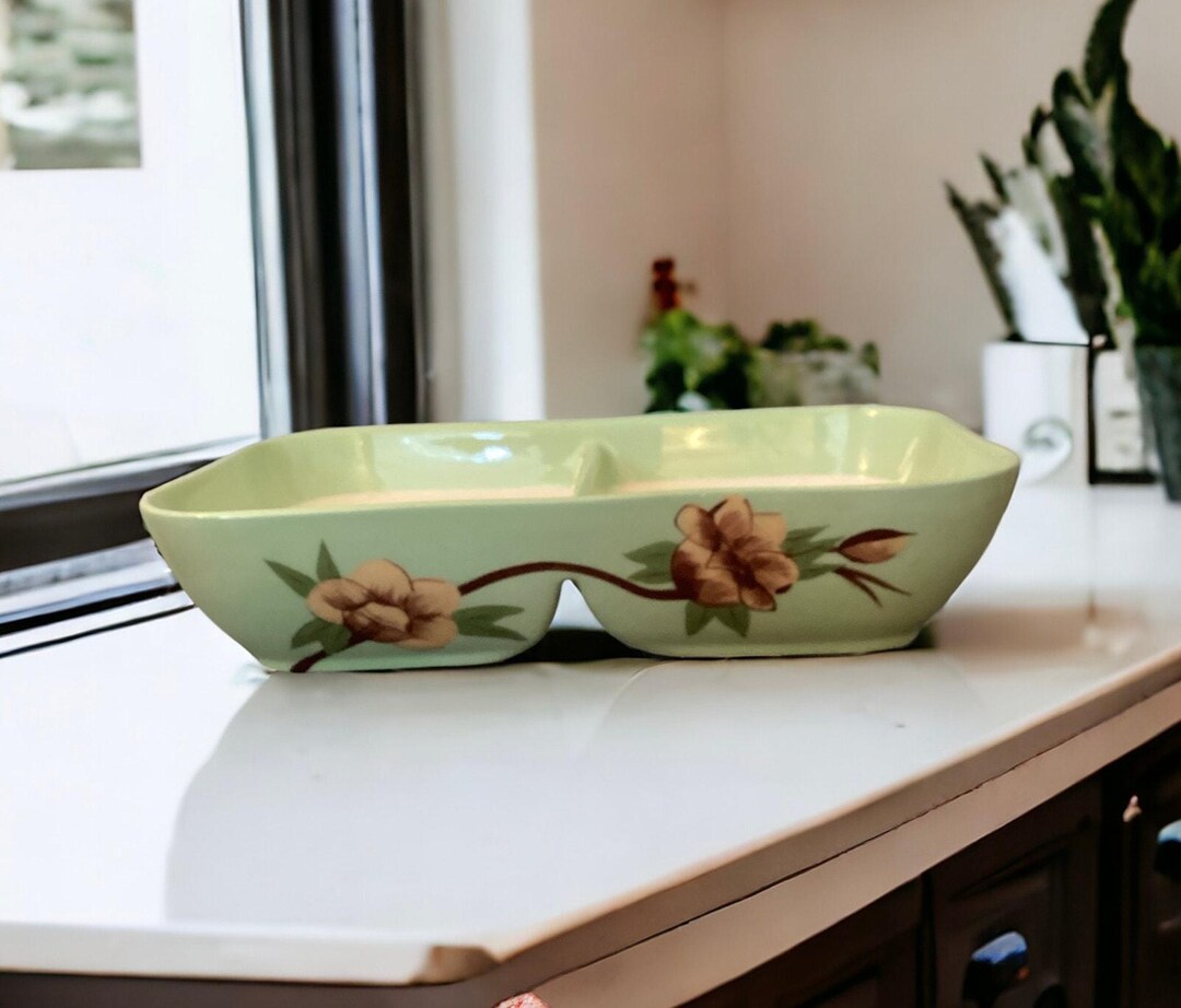 Vintage Mid Century Green Weil Ware Retro Yellow Rose Divided Serving ...