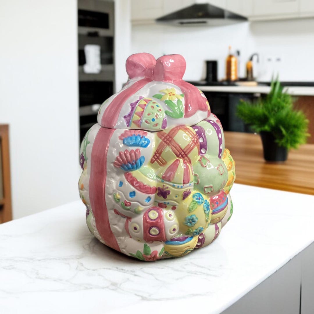 Ceramic Cookie Jar, Stacked Easter Eggs, Easter Cookie Jar With Pink Bow, Springtime, EASTER ...