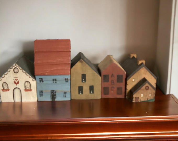 Vintage Primitive Wooden Block Houses, Village, Town, Set of 5 ...