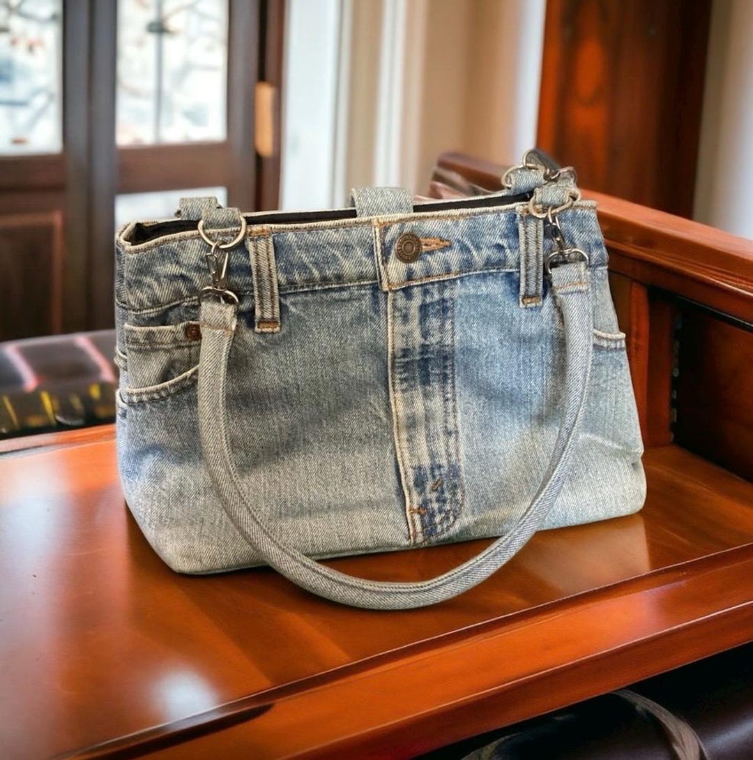 Distressed Light Blue Jean Purse, Double Handle Denim Handbag With ...