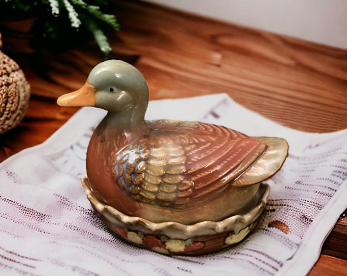 Vintage Nesting Duck Pottery Bowl, Duck on Nest, Mallard Duck Trinket ...