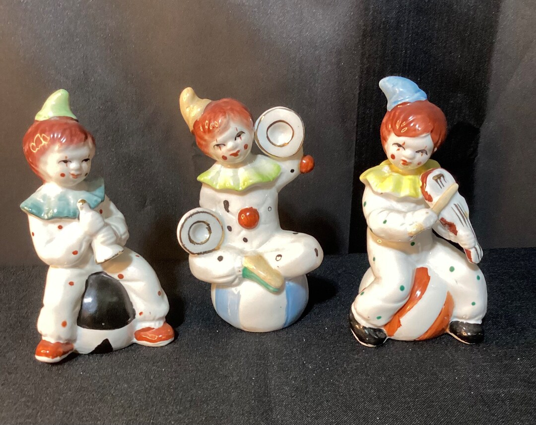 Vintage Clown Musicians on Striped Balls, Set of 3 Figurines, Ceramic ...