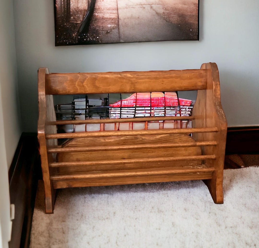 Vintage Wood Magazine Rack, Double Sided Open Storage Newspaper Rack ...