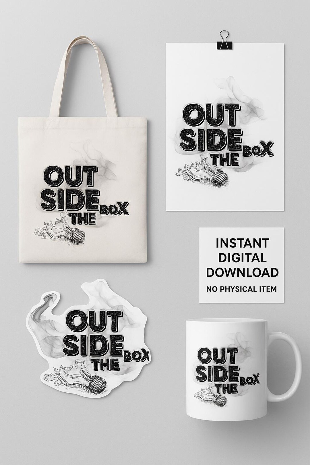 Outside the Box Design Motivational Graphic Smoke Effect Light Bulb ...