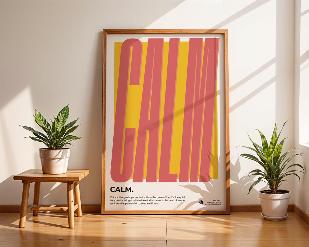 Calm Definition Print, Retro Typography Art, Blush Pink Mustard Yellow ...