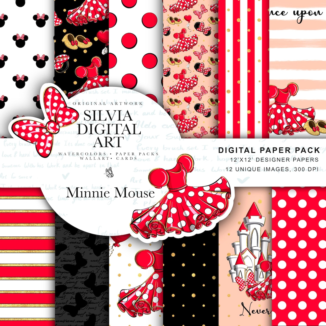 Minnie Digital Papers, Gold, Clipart PNG, Seamless Patterns, Scrapbook ...