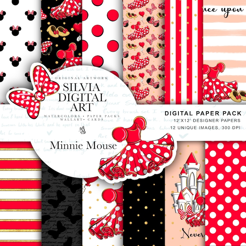 Minnie Digital Papers, Gold, Clipart PNG, Seamless Patterns, Scrapbook ...