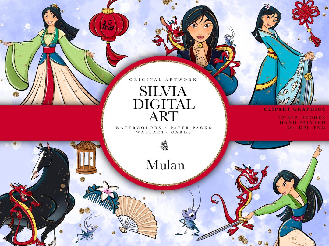 Mulan Clipart, PNG, Cute Mushu, Crikee, Watercolor , Glitter Art ...