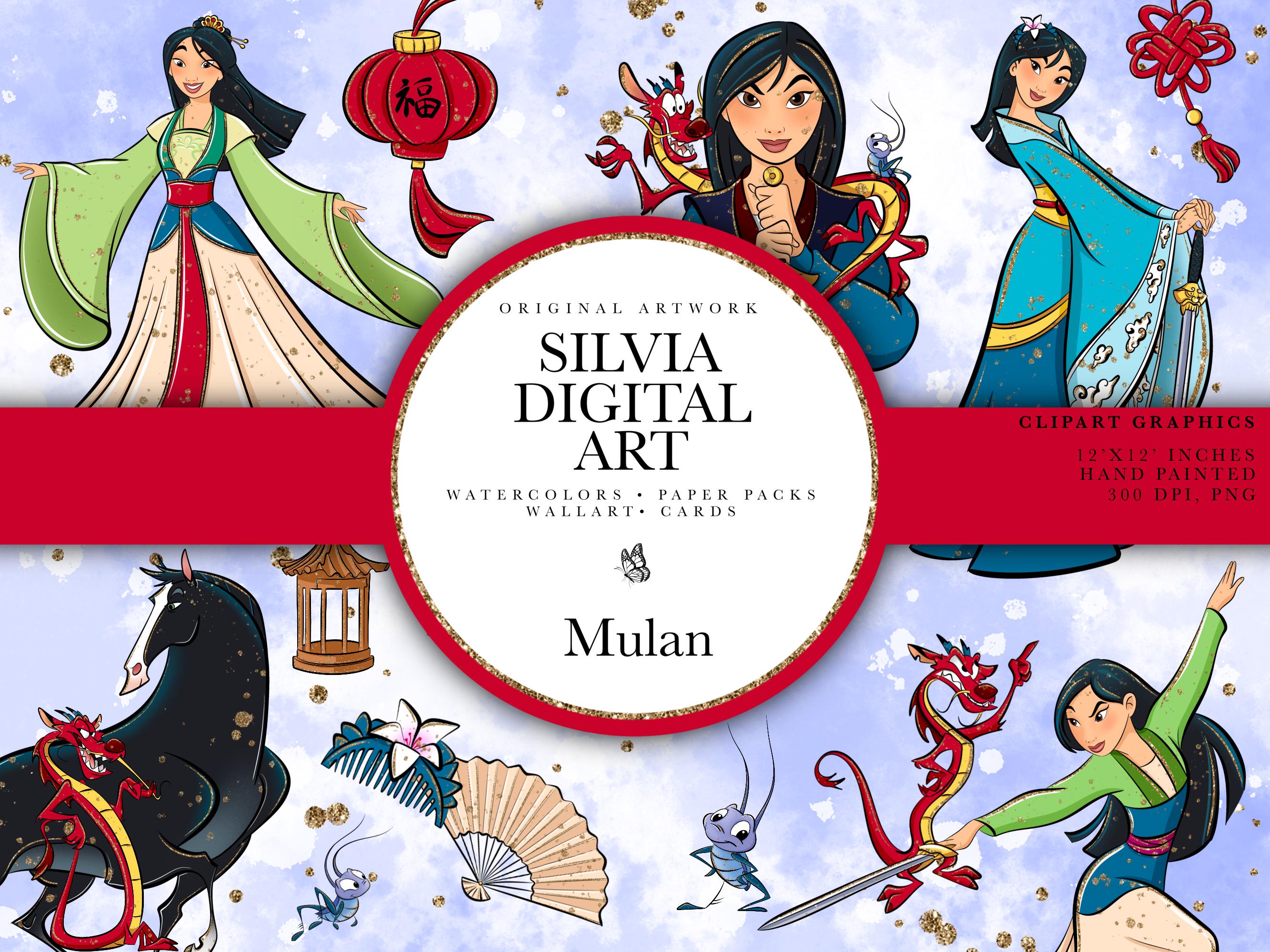 Mulan Clipart, PNG, Mushu, Crikee, Watercolor , Glitter Princess ...