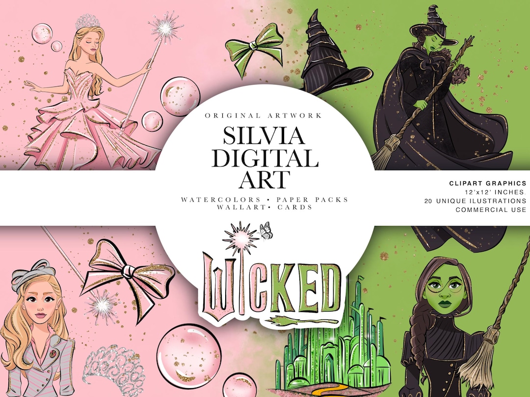 Wicked Clipart, Glinda, Elphaba, Magic wand, Shiz, Hand Drawn, Broom ...