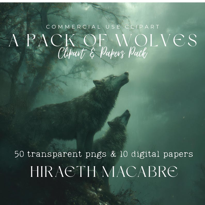 A Pack of Wolves Clipart & Digital Papers | 50 Wolf Pngs + 10 ...