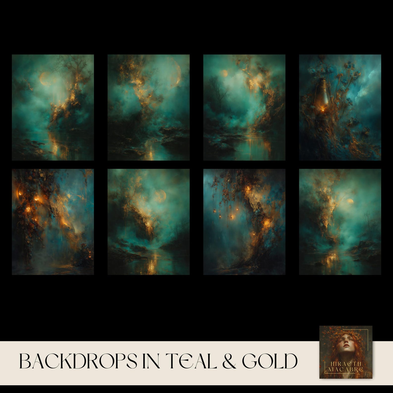 Backdrops in Teal & Gold | Cinematic Digital Papers | Ethereal Fantasy ...