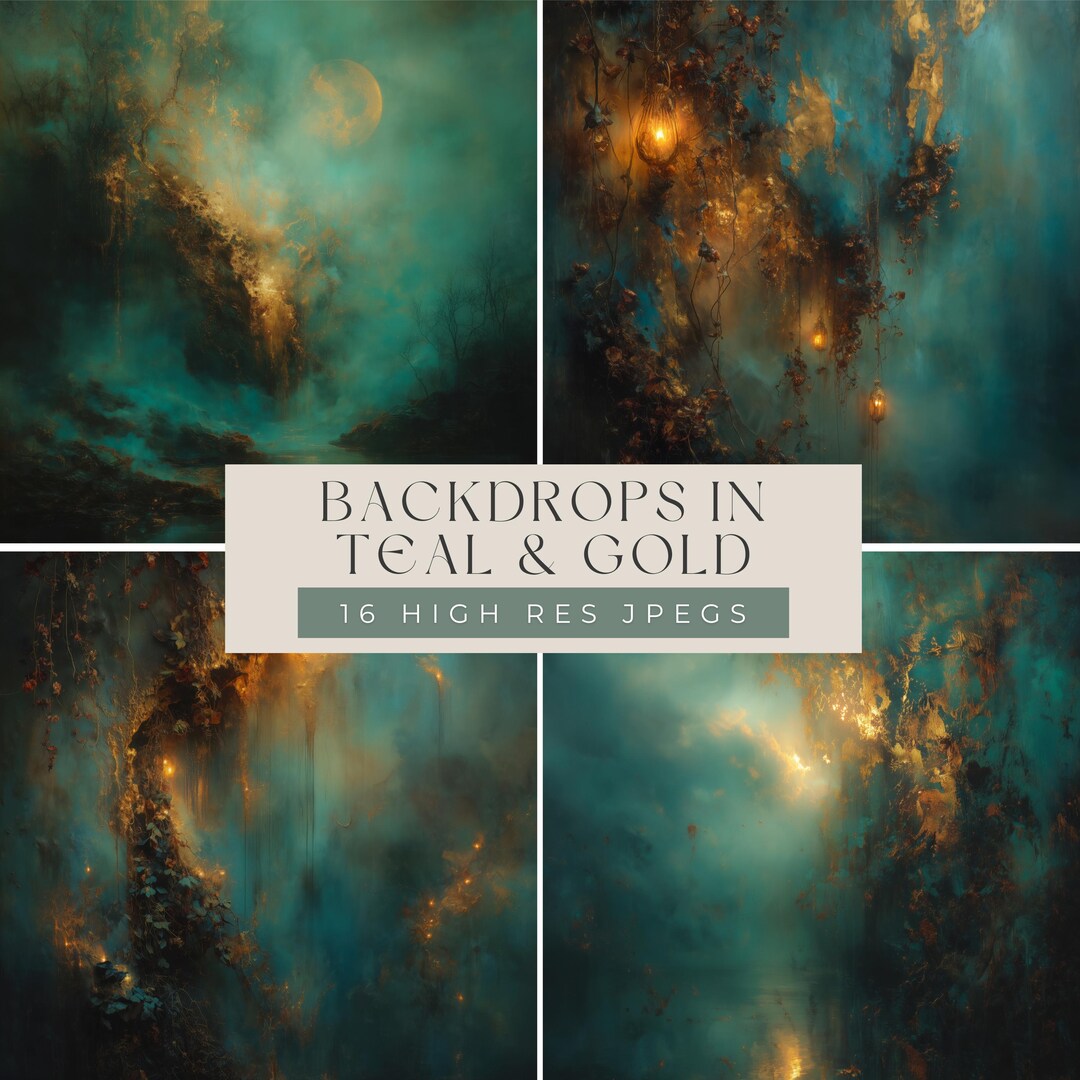 Backdrops in Teal & Gold | Cinematic Digital Papers | Ethereal Fantasy ...