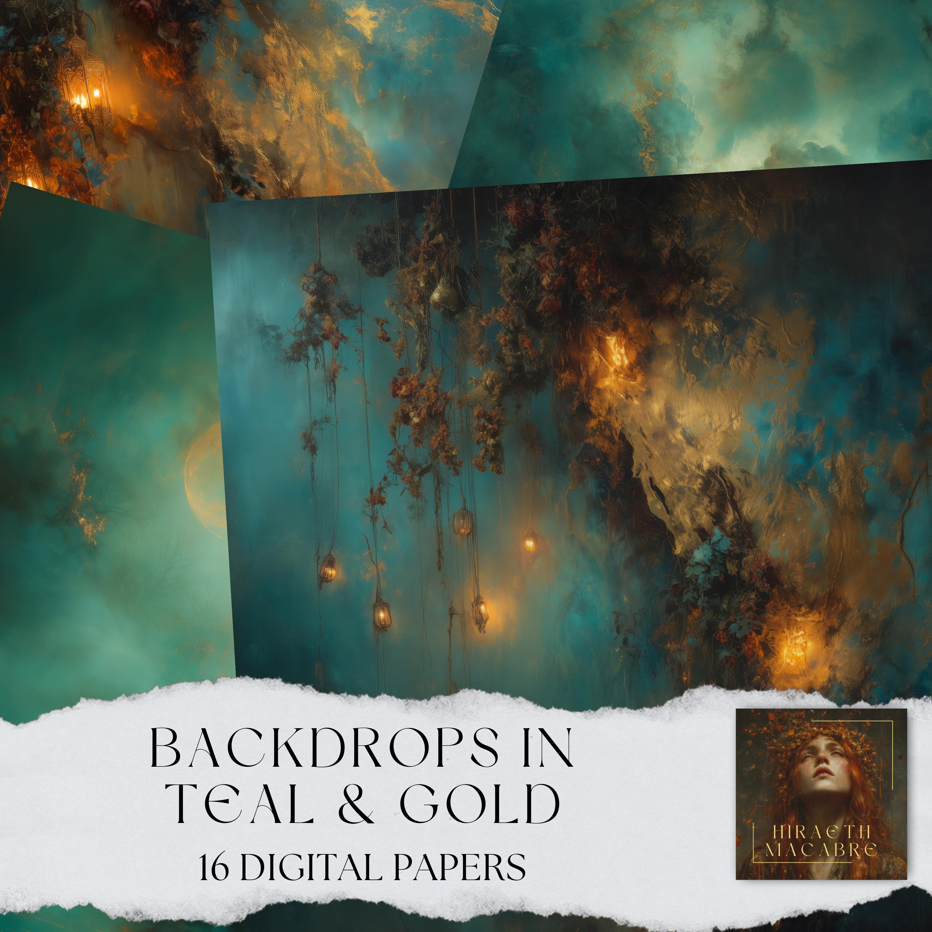 Backdrops in Teal & Gold | Cinematic Digital Papers | Ethereal Fantasy ...