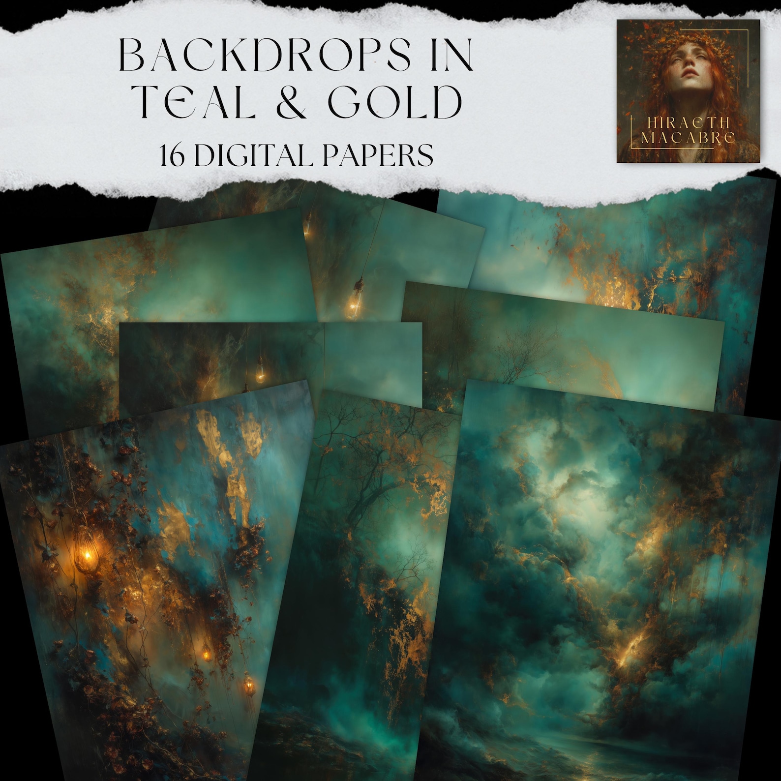 Backdrops in Teal & Gold | Cinematic Digital Papers | Ethereal Fantasy ...
