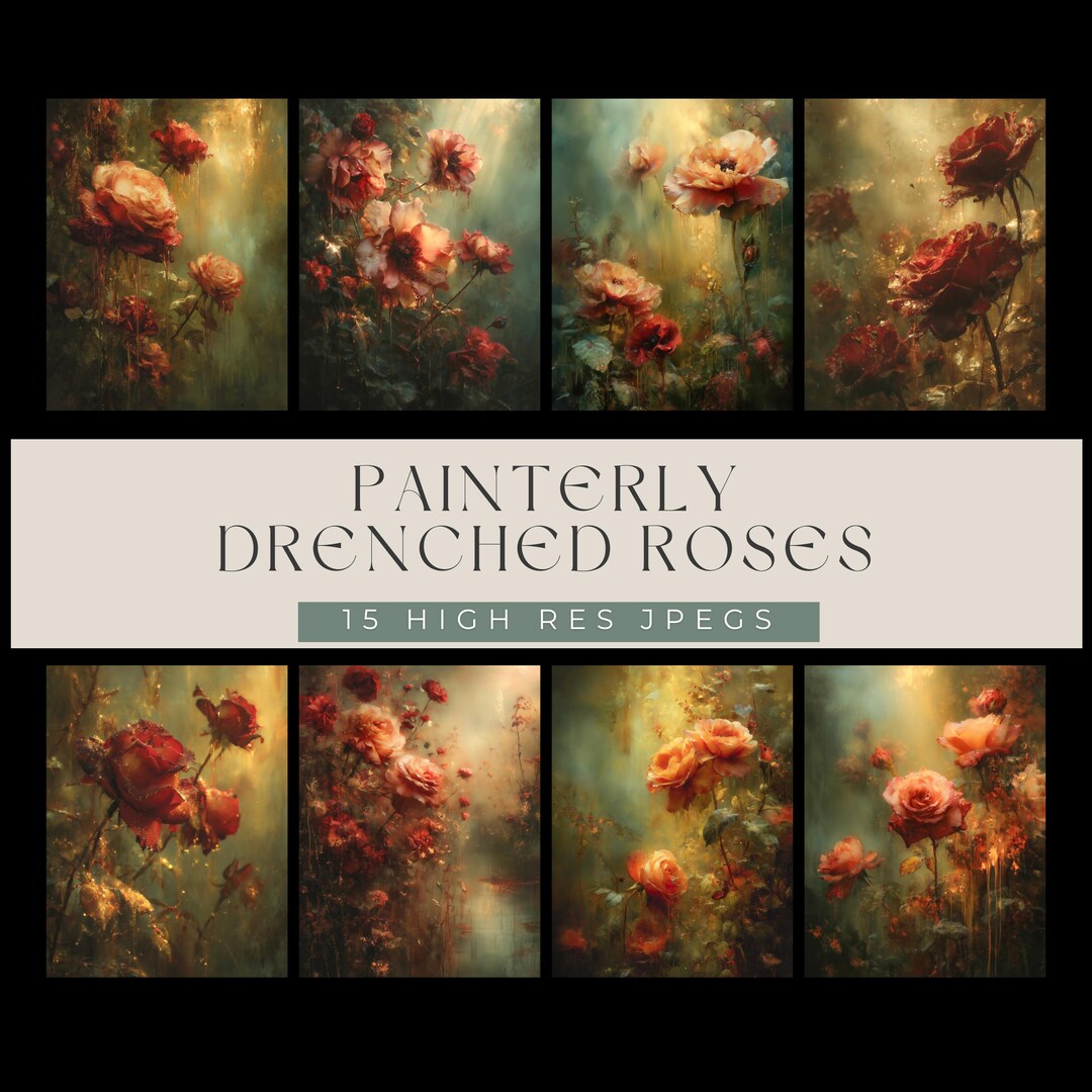 Painterly Drenched Roses • Vintage Rose Digital Papers • Romantic ...