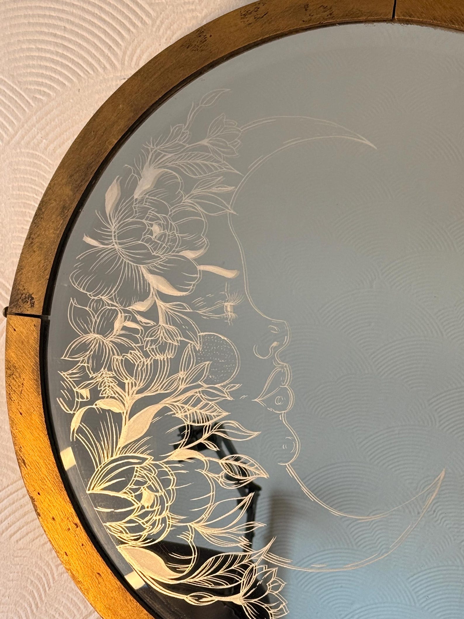 Vintage Gold Round Mirror | Hand Engraved | Moon With Flowers | Wooden ...