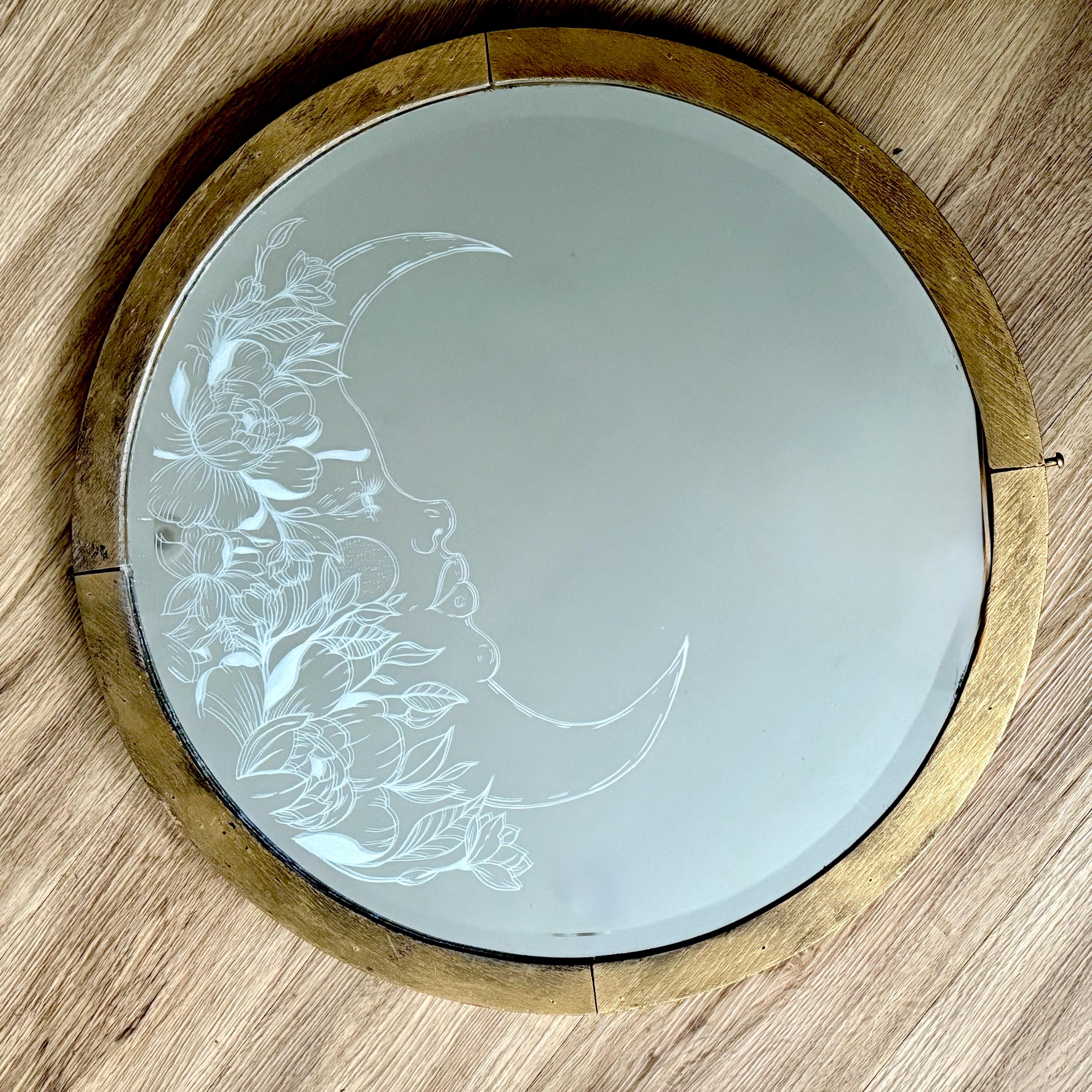 Vintage Gold Round Mirror | Hand Engraved | Moon With Flowers | Wooden ...