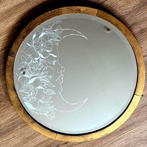 Vintage Gold Round Mirror | Hand Engraved | Moon With Flowers | Wooden ...