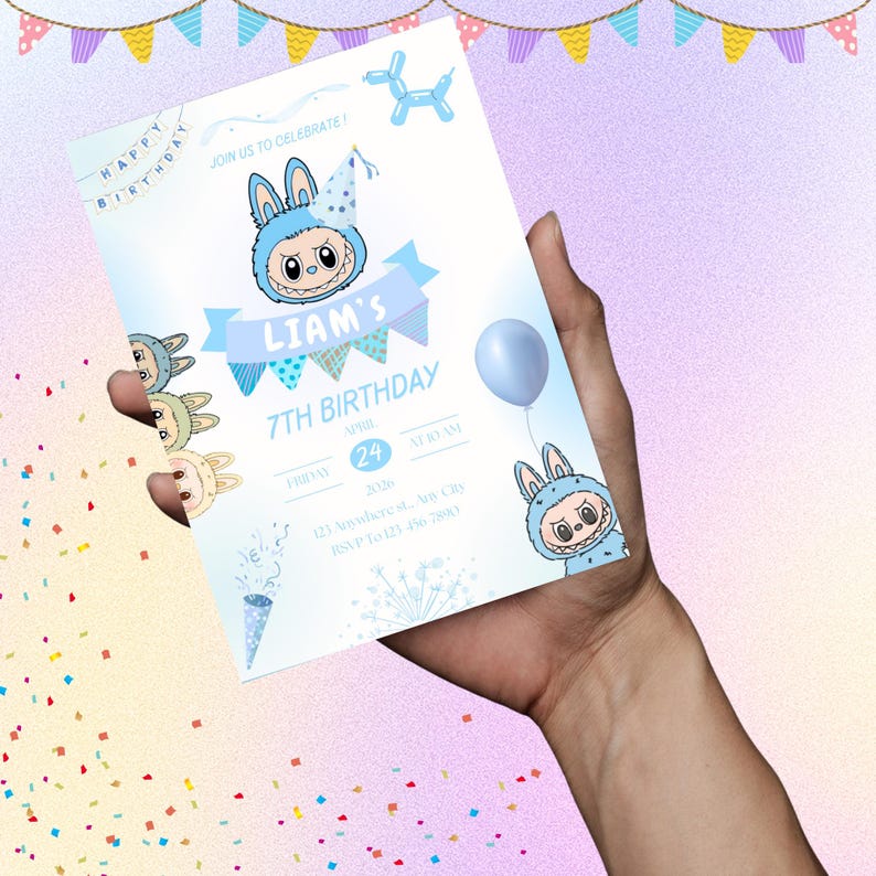 Labubu Birthday Invitation: Blue Party, Editable Canva Template ...