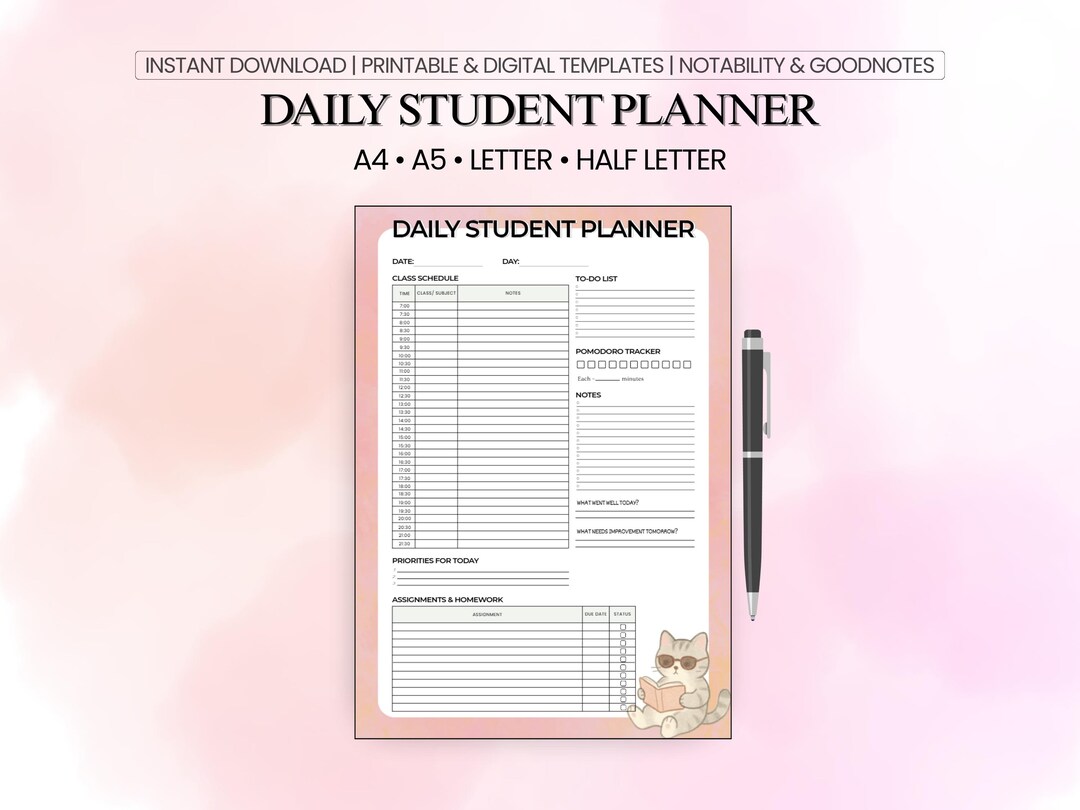 Daily Student Planner | Study & Homework, Goodnotes (digital Download ...