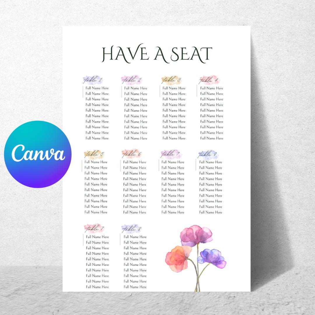 Watercolor Wedding Seating Chart | Editable Canva Template | A2 Size ...
