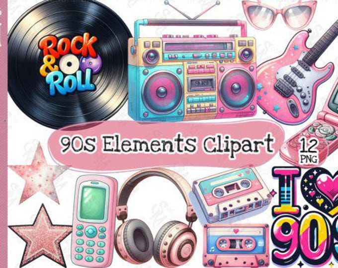 Hand Drawn 90s Nostalgia Clipart Bundle, 67 Transparent Pngs, Retro ...