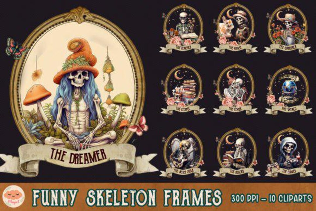 Funny Skeleton Frames PNG Bundle: Halloween Clipart (digital Download ...
