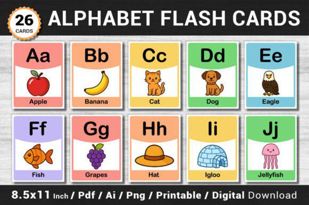 Printable Alphabet Flashcards A-Z for Kids With Cute Illustrations ...
