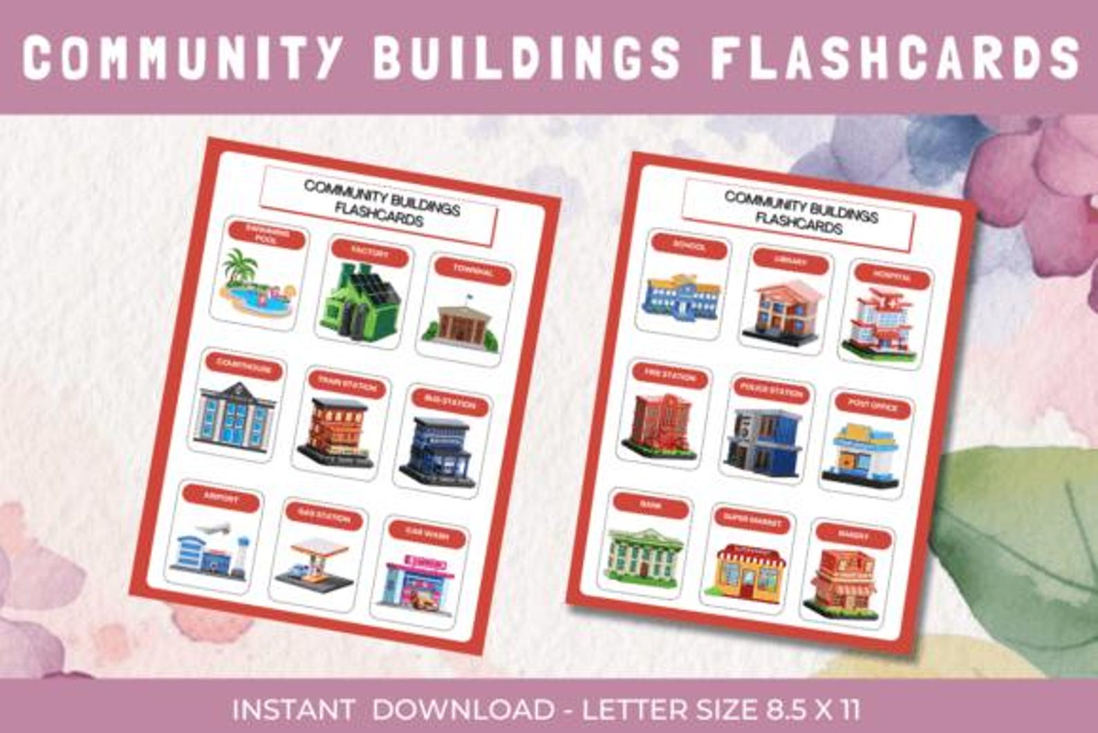 Community Buildings Flashcards | ESL Vocabulary Cards (PDF) - Etsy