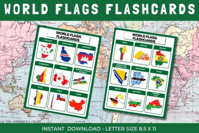 Printable World Flags Flashcards for Kids, 195 Country Flag Geography ...