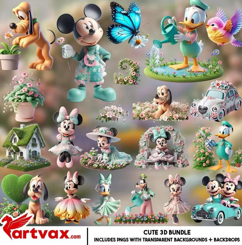 Mickey and Minnie Spring Clipart | 3D Garden Themed Pngs | Digital ...